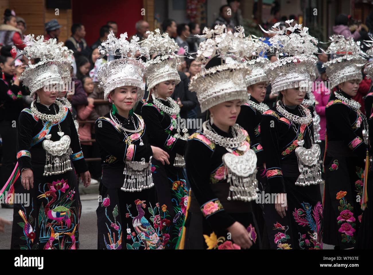 Chinese people of Miao ethnic minority dressed in traditional silver ...
