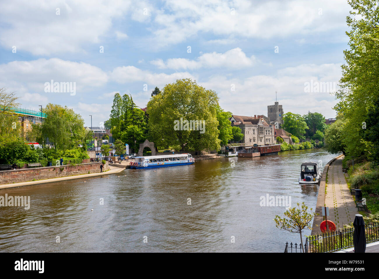 River Medway at Maidstone Kent with the Archbishops Palace in distance ...