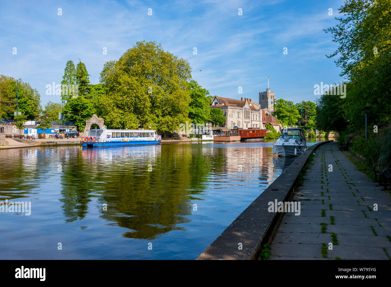 River Medway at Maidstone Kent with the Archbishops Palace in distance ...