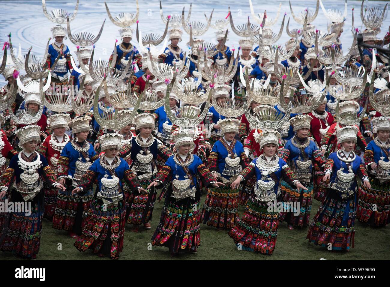 Chinese people of Miao ethnic minority dressed in traditional silver ...