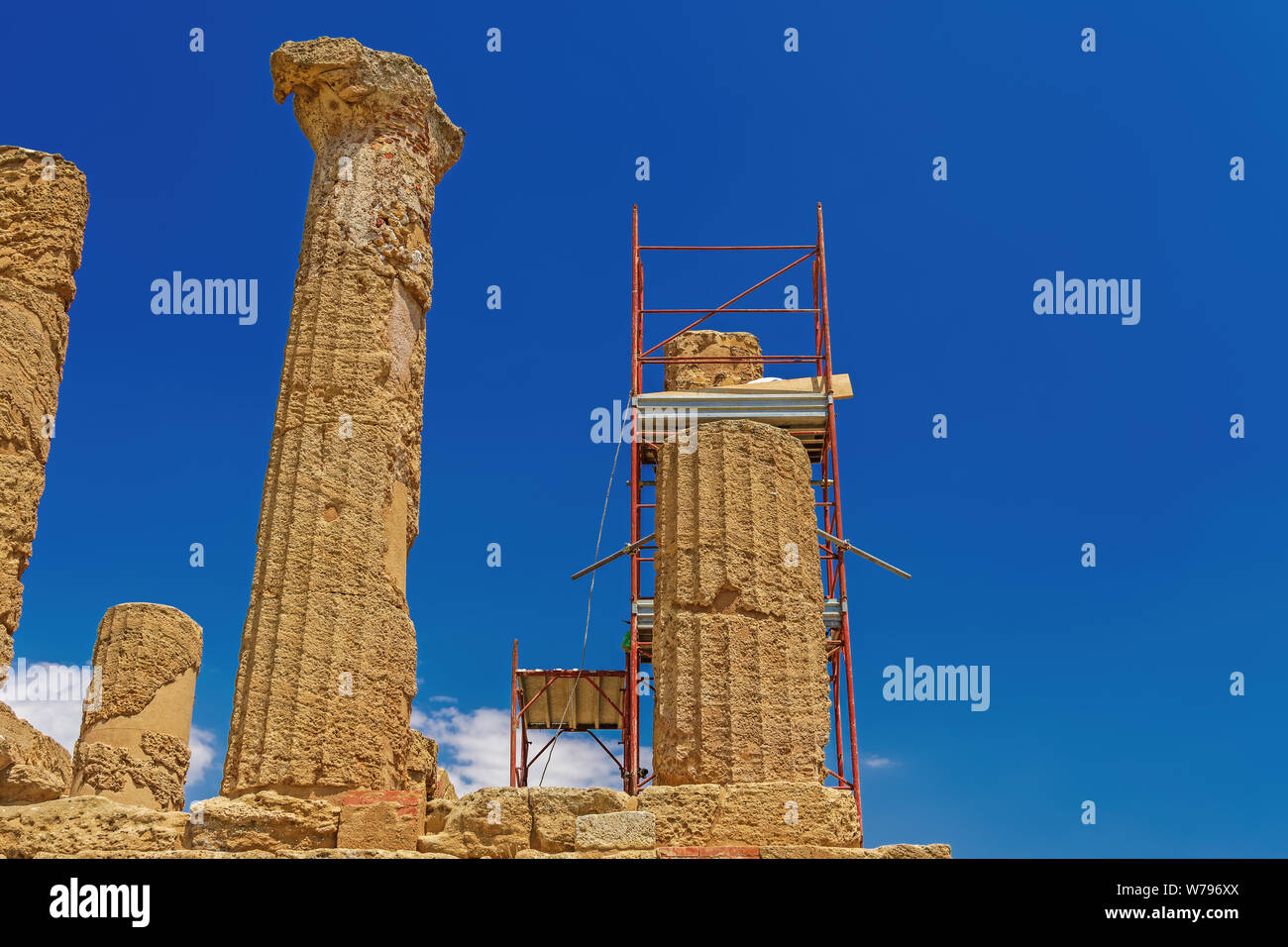 Ancient Greek Roman temple restoration scaffoldings. Metal construction ...