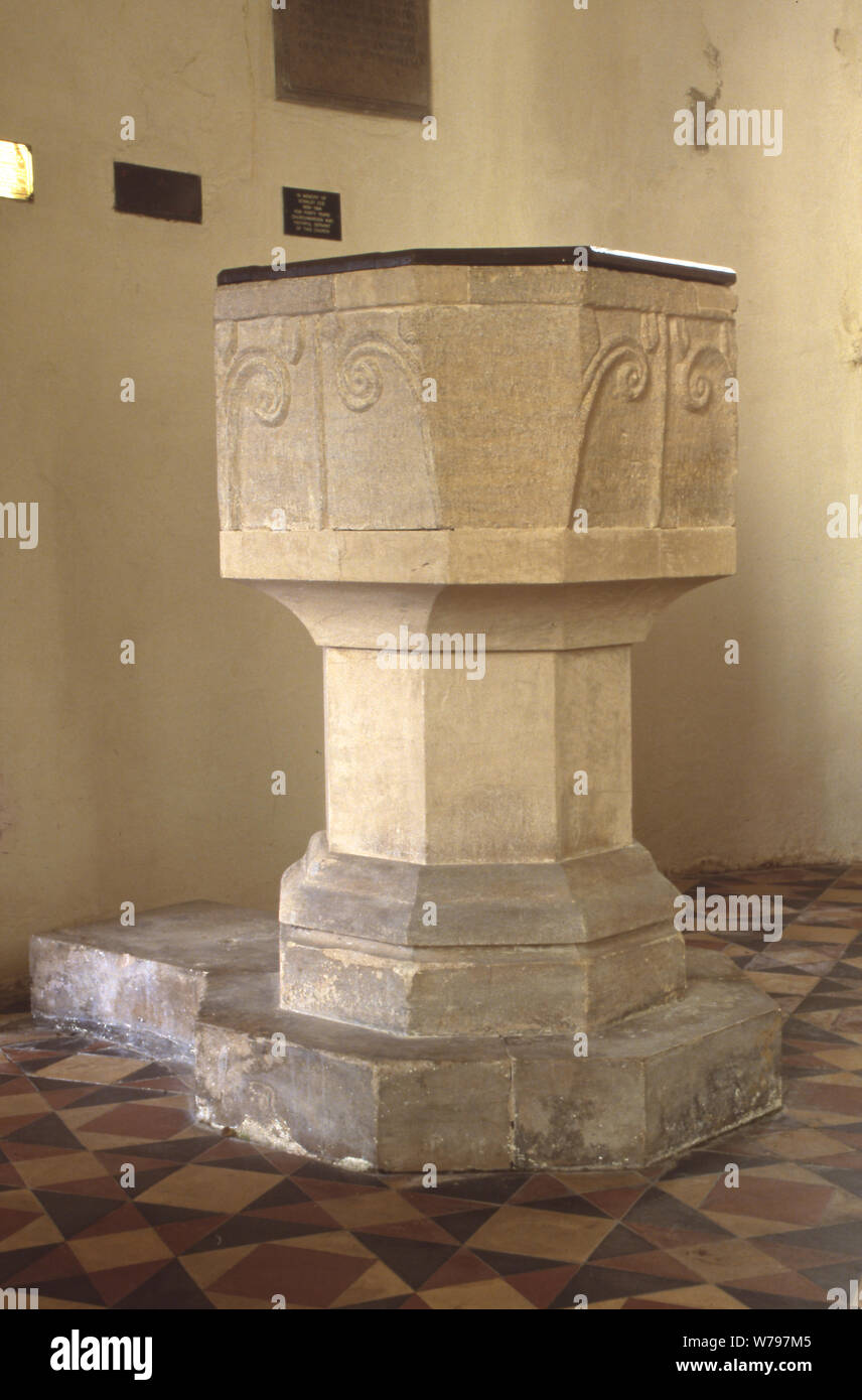 11th century font, John the Baptist, Little Maplestead, Essex, UK Stock ...