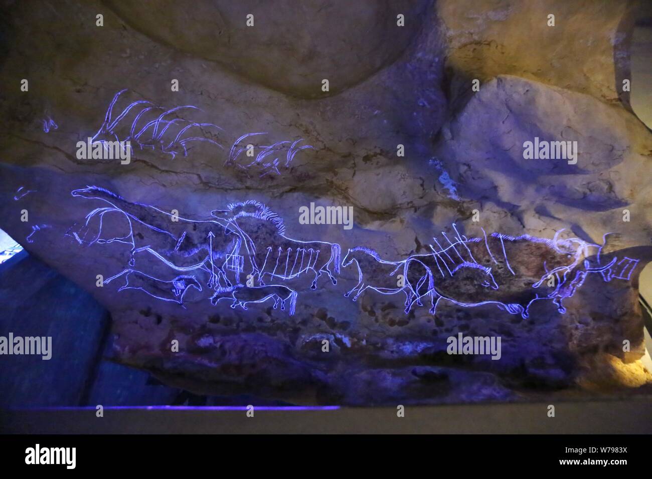 View of the "Panel of Black Cow'' showing a black cow moving by a group ...