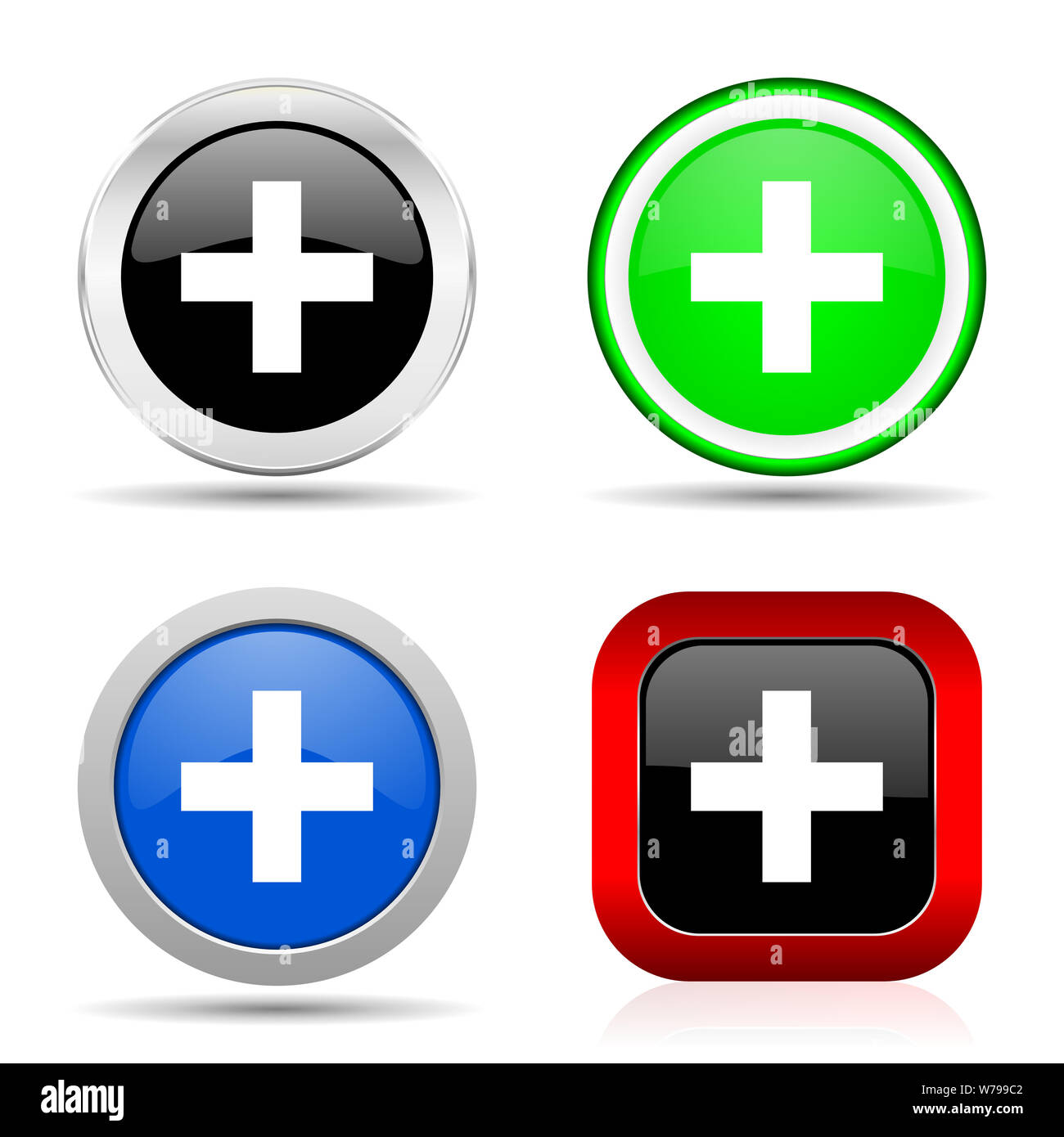 Plus red, blue, green and black web glossy icon set in 4 options Stock ...