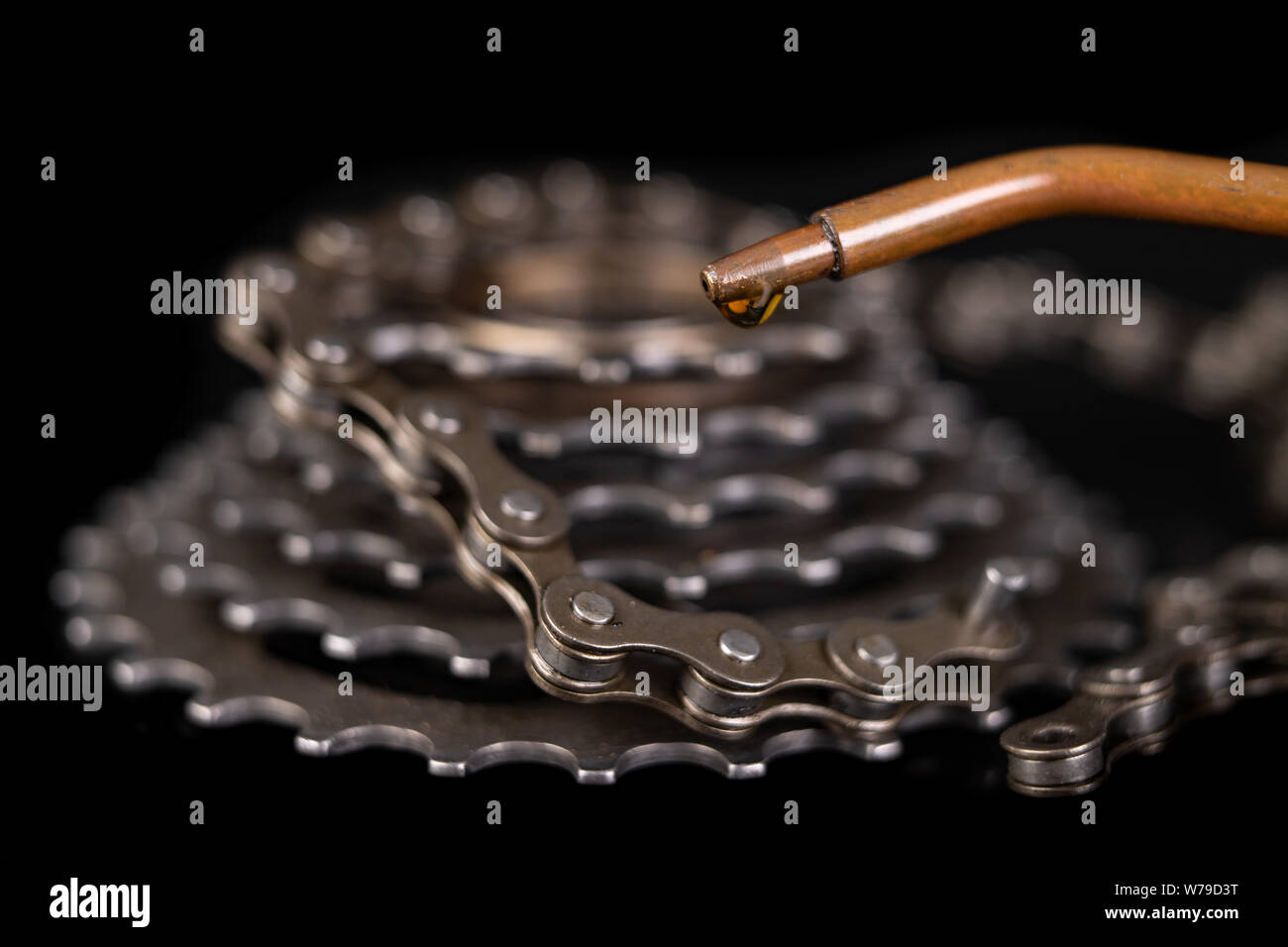 Oiling the bicycle chain with an oil can on the workshop table ...