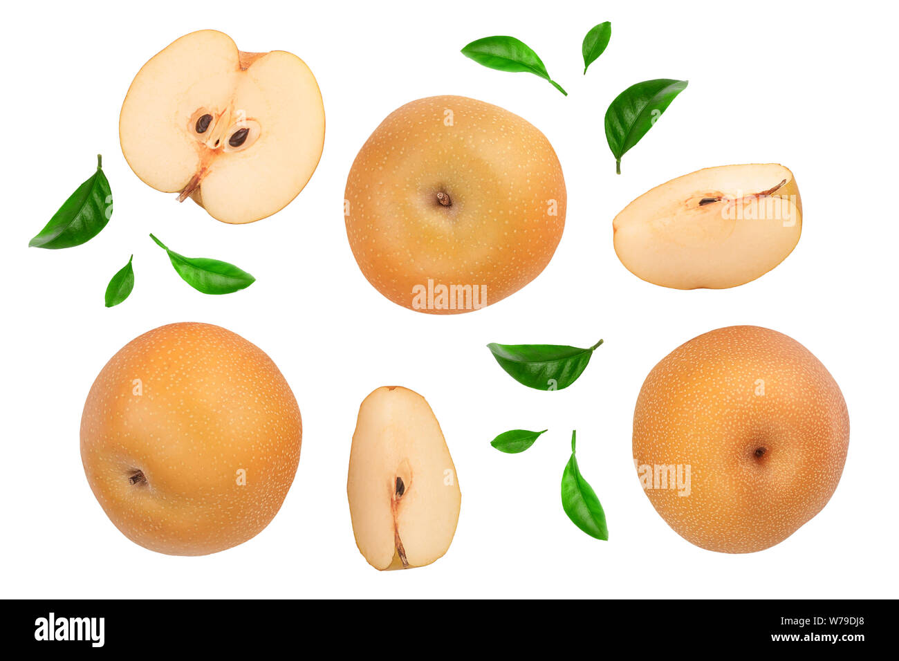 Fresh asian pear with leaves isolated on white background. Top view ...