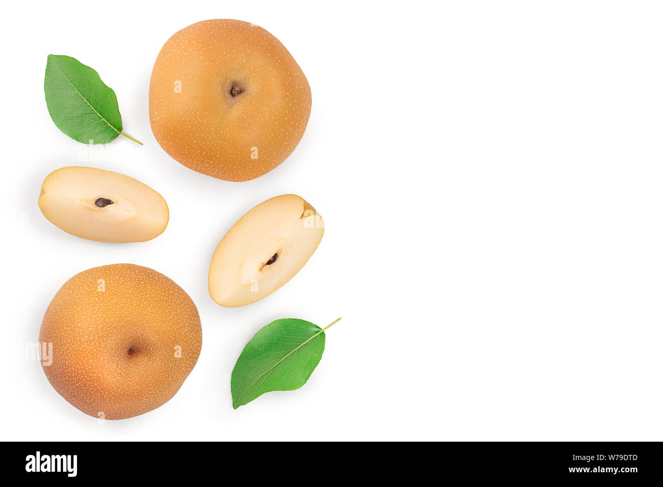 Fresh asian pear with leaves isolated on white background with copy ...