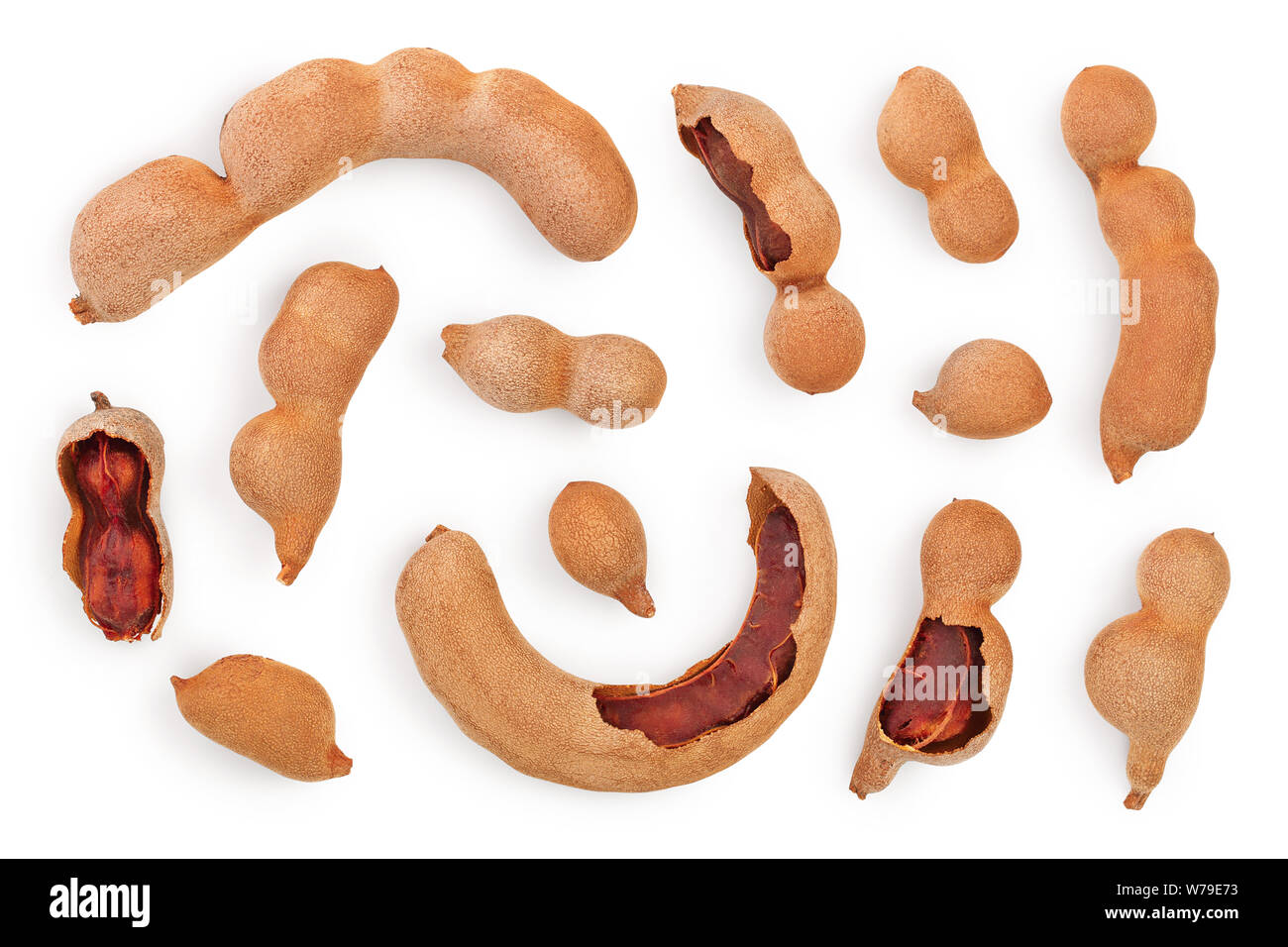 Tamarind fruit isolated on white background, Top view. Flat lay. Set or ...