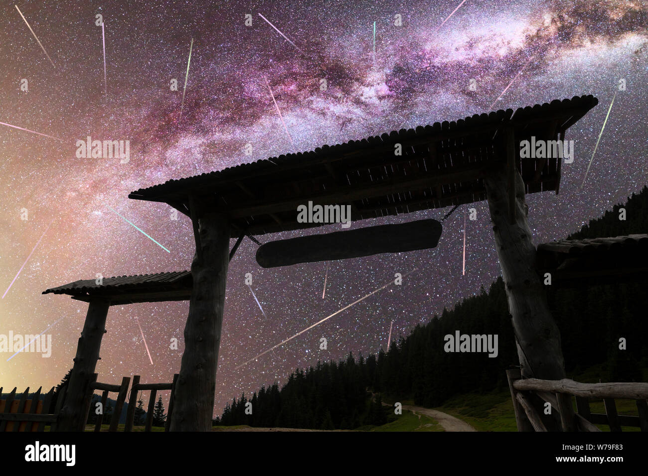 A view of a Meteor Shower and the purple Milky Way with wooden entrance ...