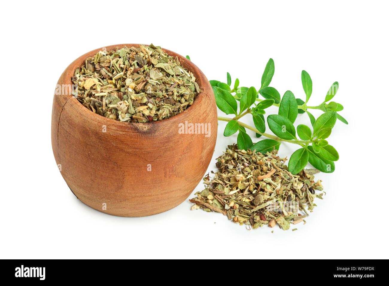 Dried thyme leaves in the wooden bowl, with fresh thyme isolated on white background Stock Photo ...