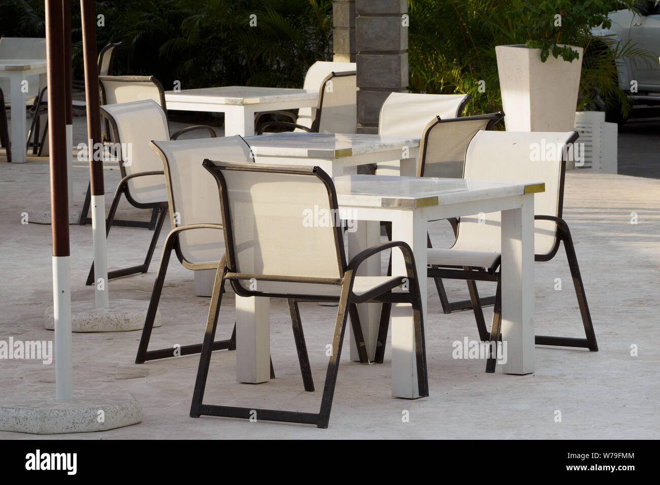 Cafe restaurant on the Atlantic coast Dominican Republic. Tables on the ...