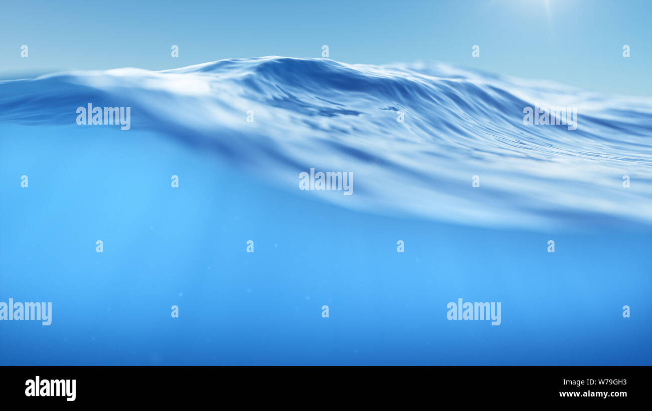 Ocean or sea in half water half sky. Rays of sunlight shining from ...