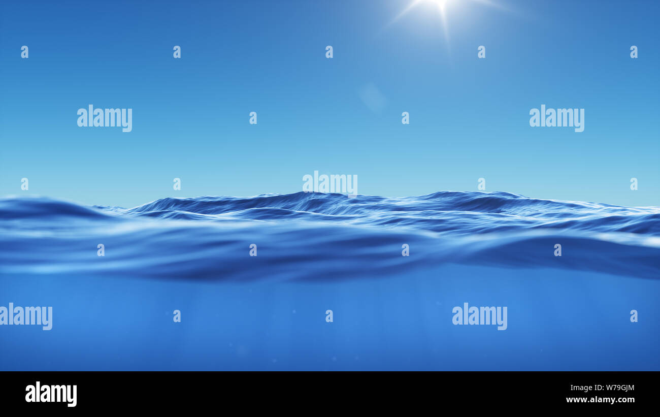 Ocean or sea in half water half sky. Rays of sunlight shining from ...