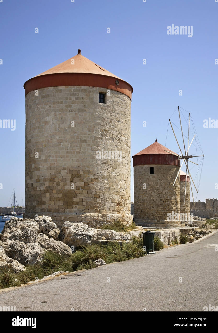 Windmills in Rhodes city. Rhodes island. Greece Stock Photo - Alamy