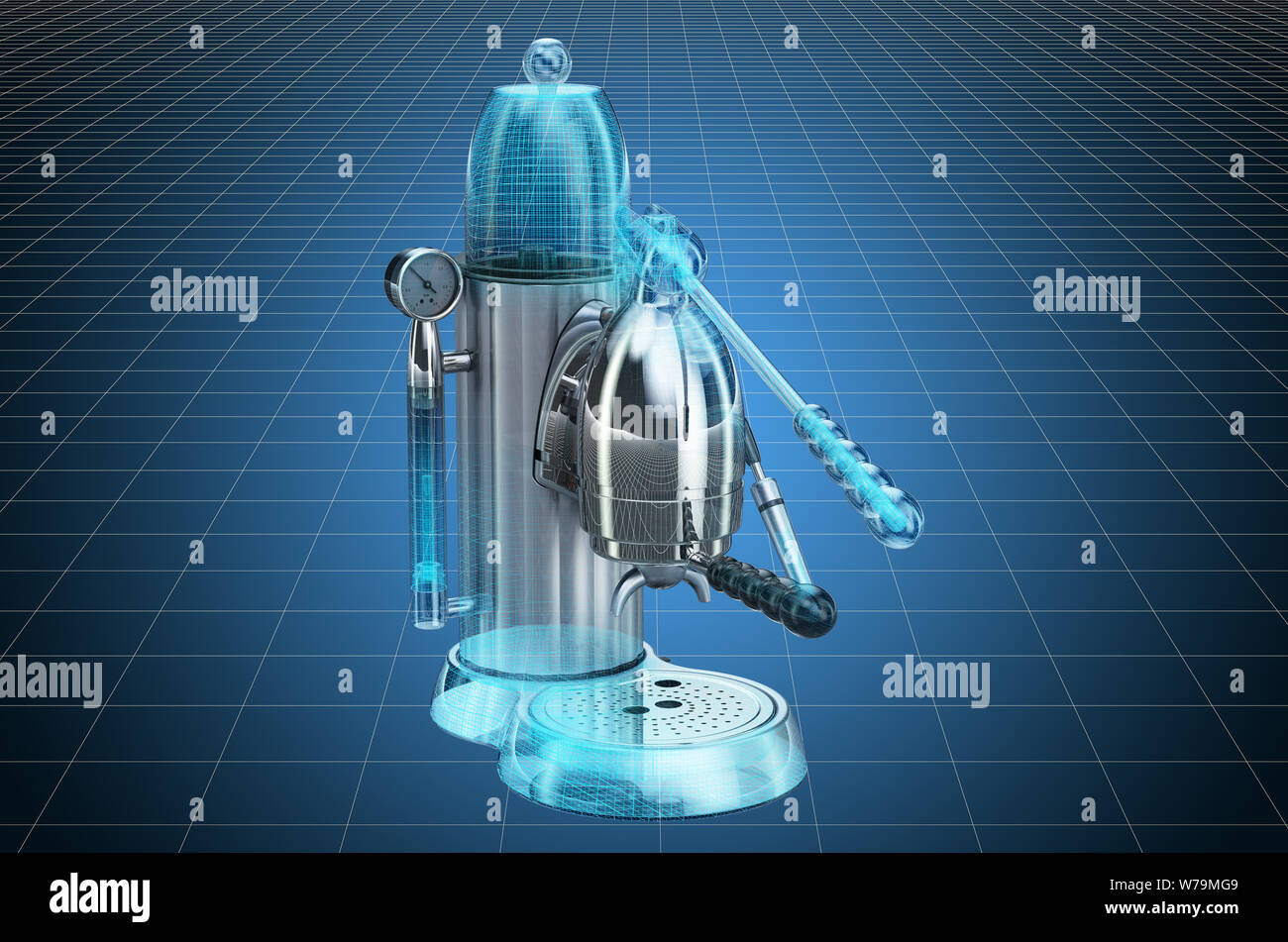 Visualization 3d cad model of coffee machine retro design, blueprint ...