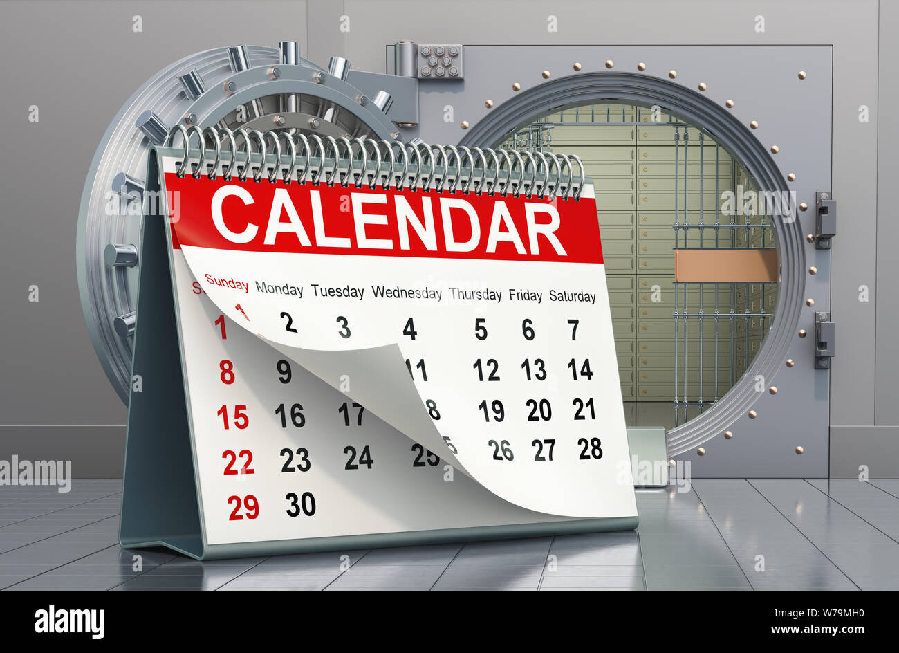Desk calendar with opened bank vault. Financial calendar concept, 3D ...