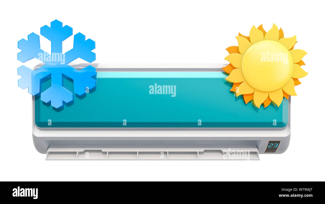 Air conditioner with snowflake and sun, 3D rendering isolated on white ...