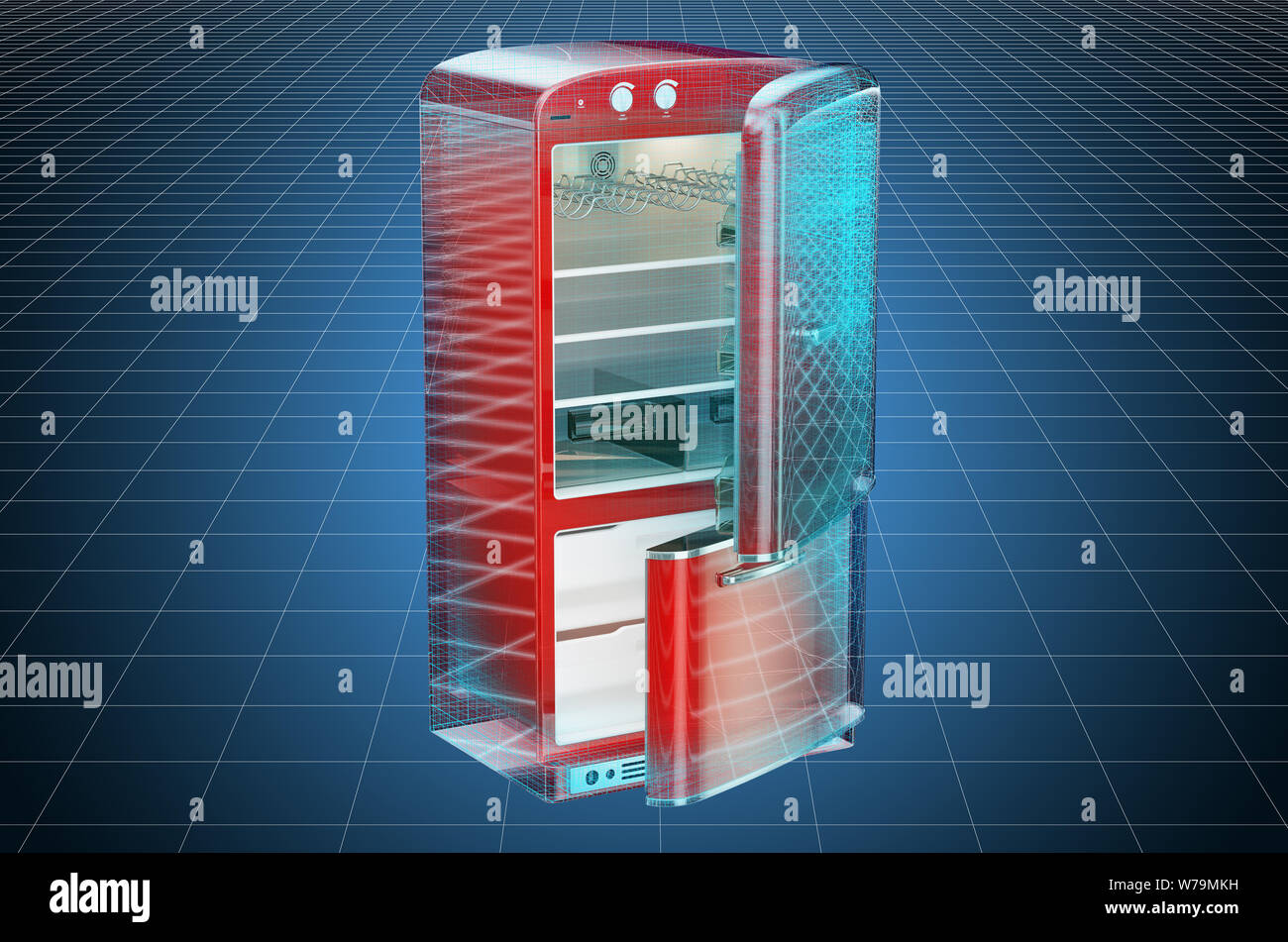 Visualization 3d cad model of retro fridge, blueprint. 3D rendering ...