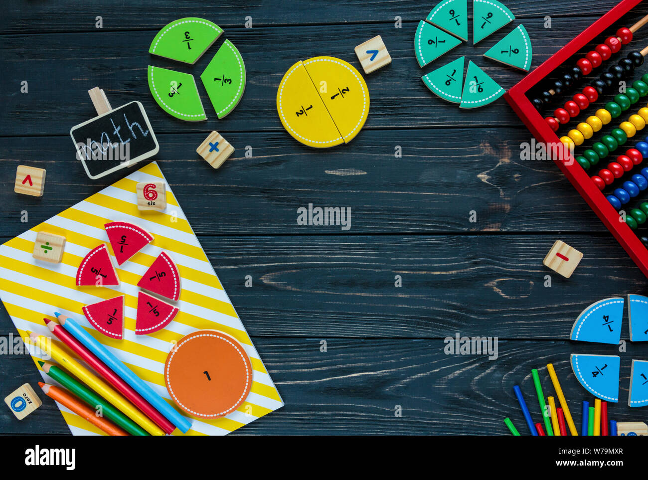 Creative Сolorful math fractions on dark background. Interesting funny ...