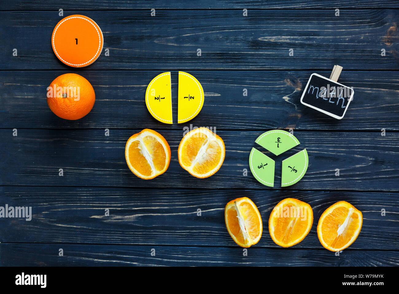 Сolorful math fractions and oranges as a sample on dark wooden ...