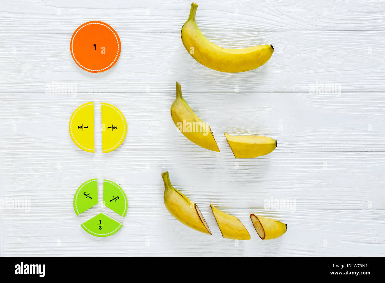 Сolorful math fractions and bananas as a sample on white wooden ...
