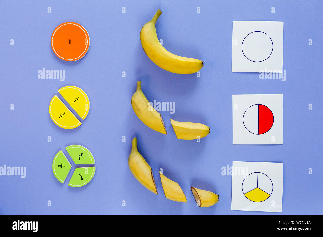 Сolorful math fractions and bananas as a sample on violet wooden ...