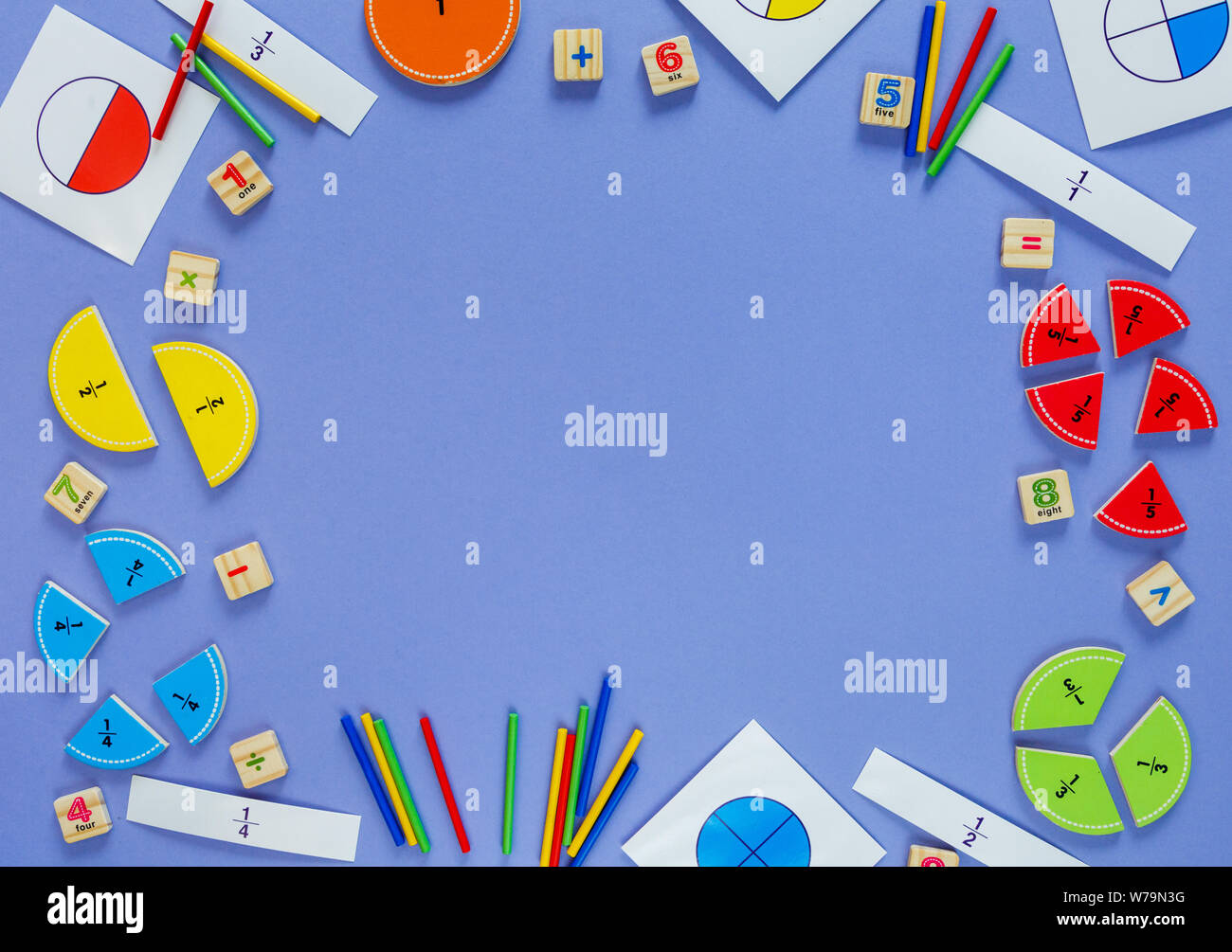 Сolorful math fractions on violet background. Interesting math for kids ...