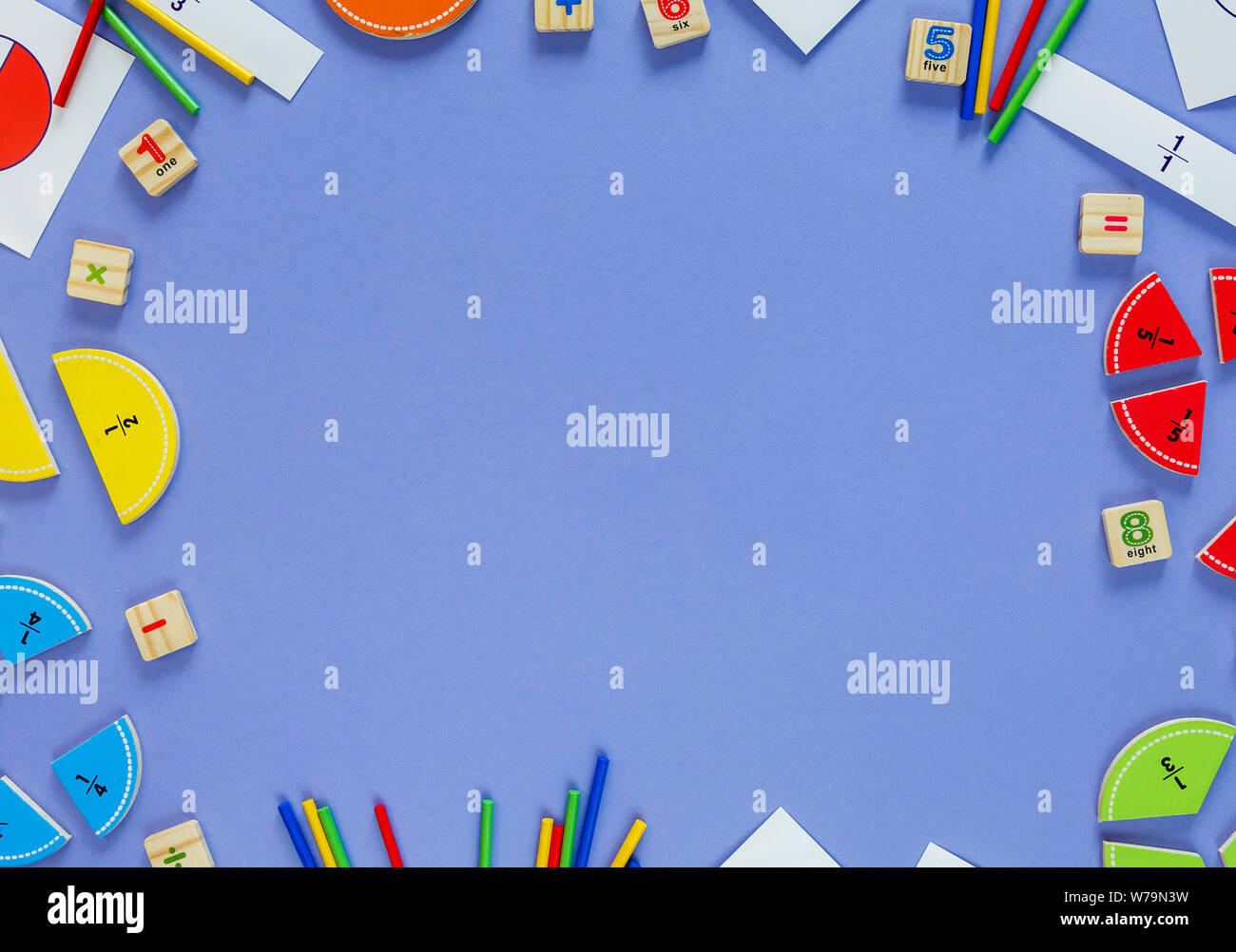 Сolorful math fractions on violet background. Interesting math for kids ...