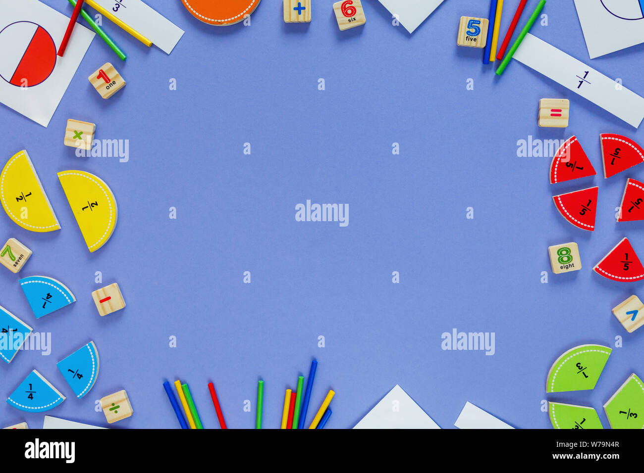 Сolorful math fractions on violet background. Interesting math for kids ...