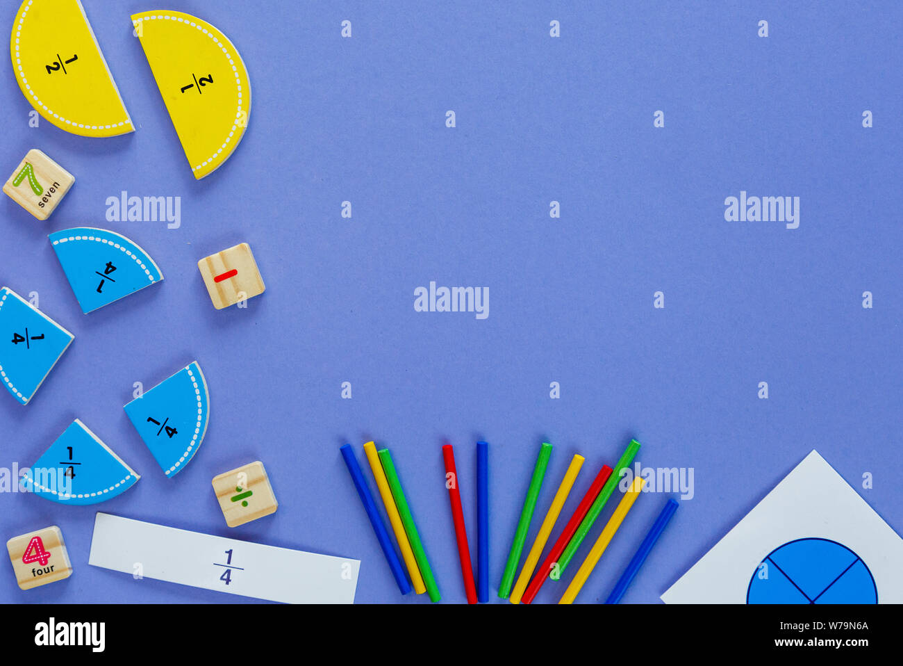 Сolorful math fractions on violet background. Interesting math for kids ...