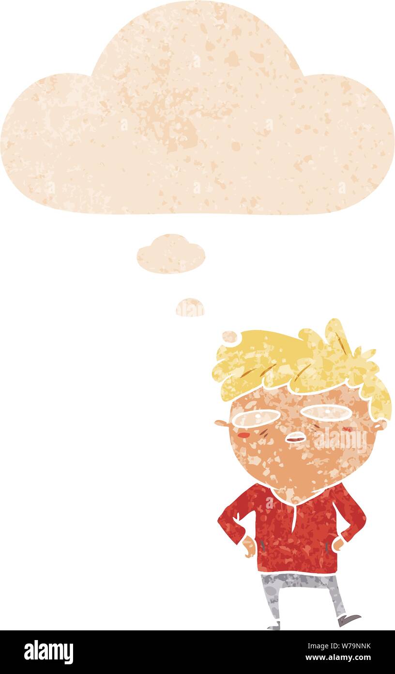 cartoon impatient man with thought bubble in grunge distressed retro ...