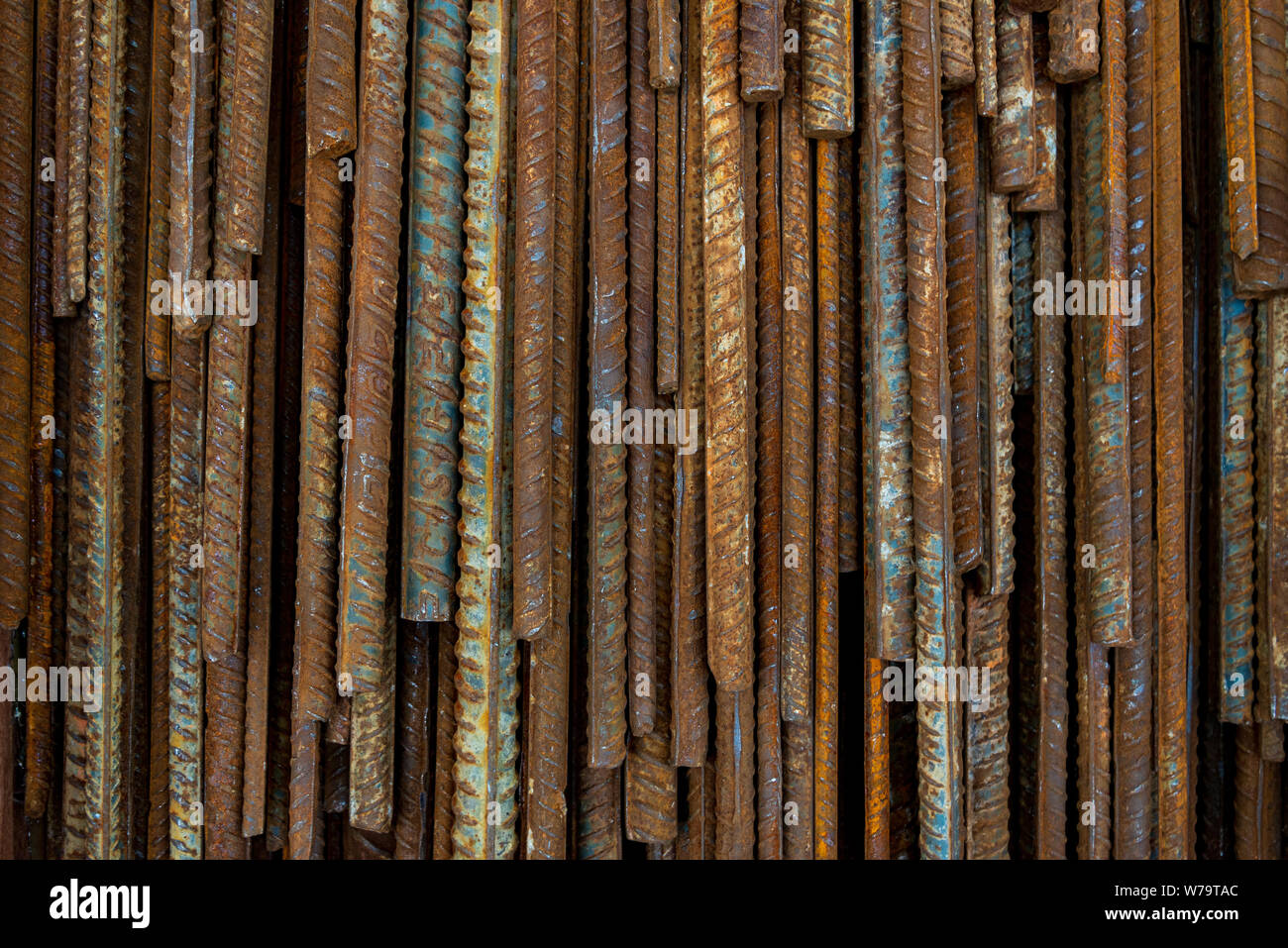 Top view stack of straight old rusty high yield stress deformed ...