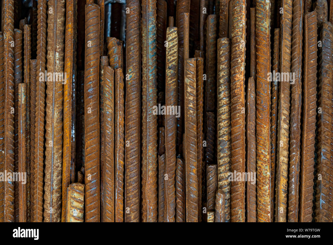 Top view stack of straight old rusty high yield stress deformed ...