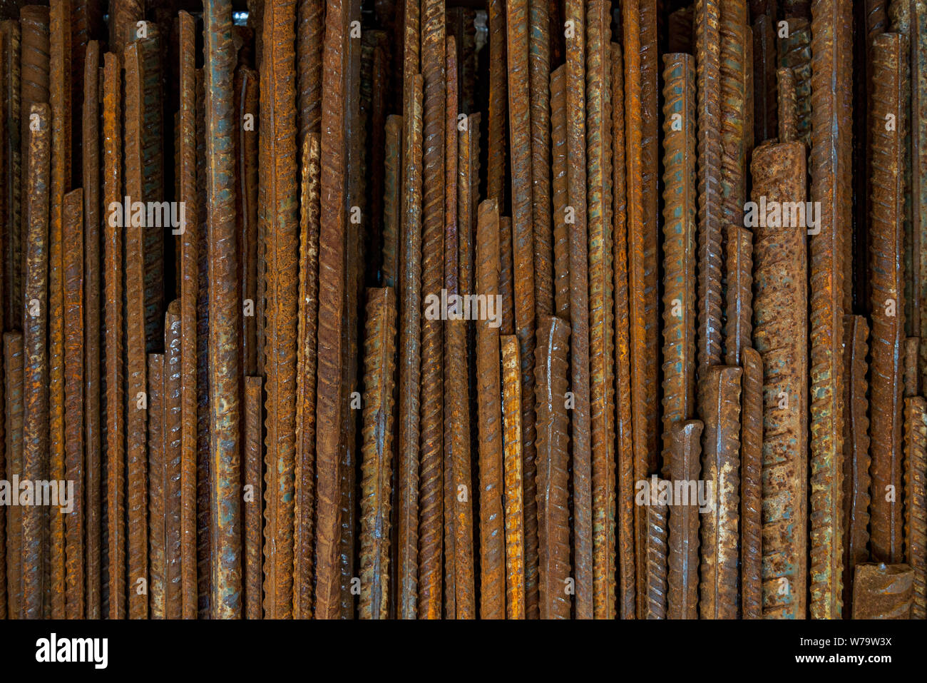 Top view stack of straight old rusty high yield stress deformed ...