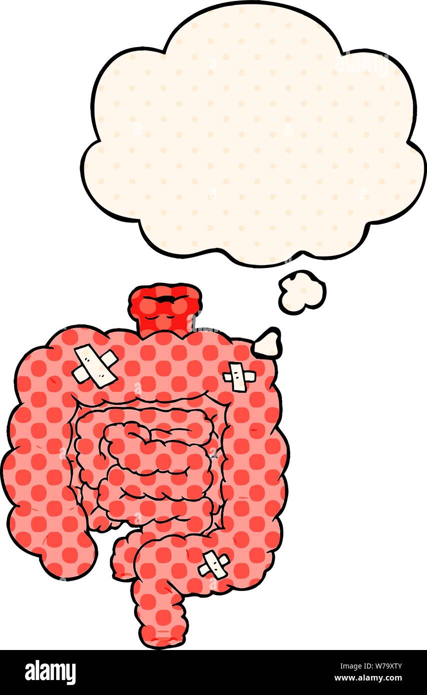 cartoon repaired intestines with thought bubble in comic book style ...