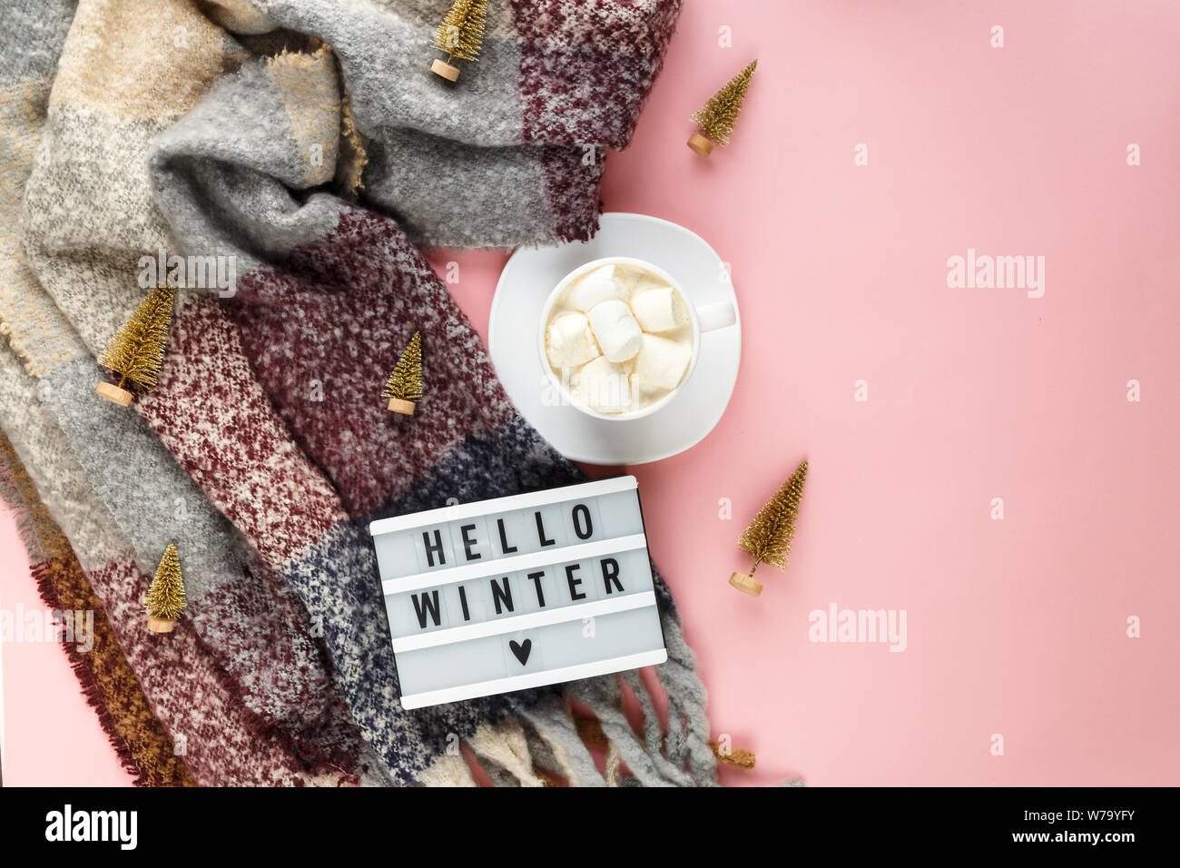 Warm, cozy winter clothing, scarf, lightbox and christmas decorations ...