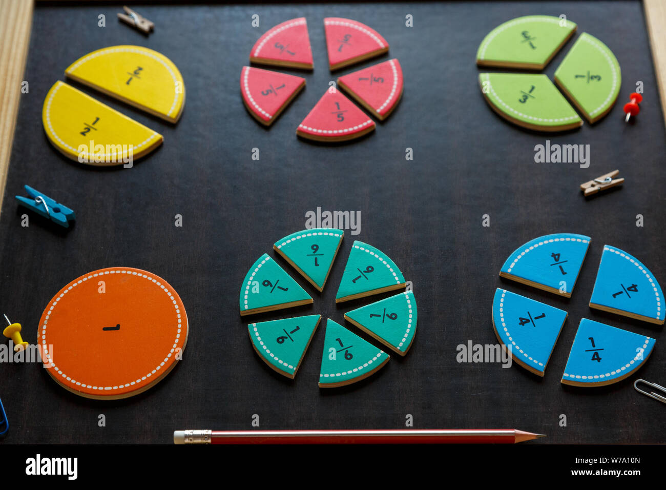 Creative Сolorful math fractions on dark background. Interesting funny ...