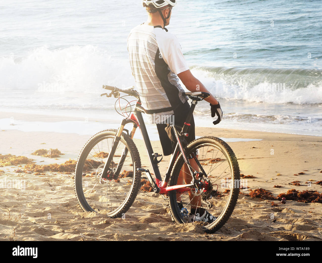 Cyclist resting on the beach of the Atlantic Ocean. Back view. Evening ...