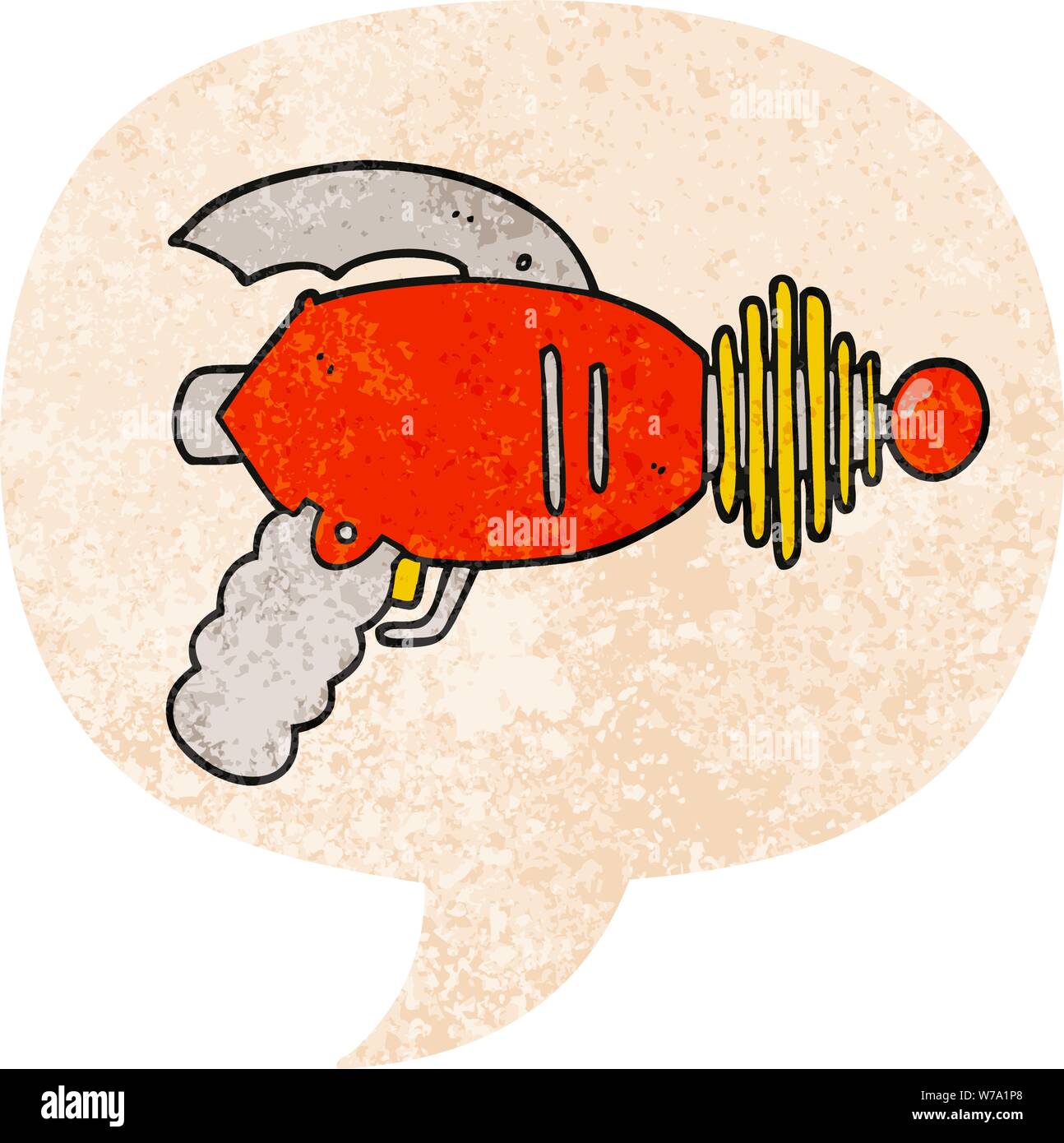 cartoon ray gun with speech bubble in grunge distressed retro textured ...
