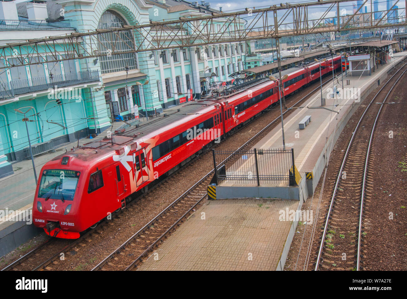 Moscow, Russia - July 2019. Aeroexpress. Railway, ancient architecture ...