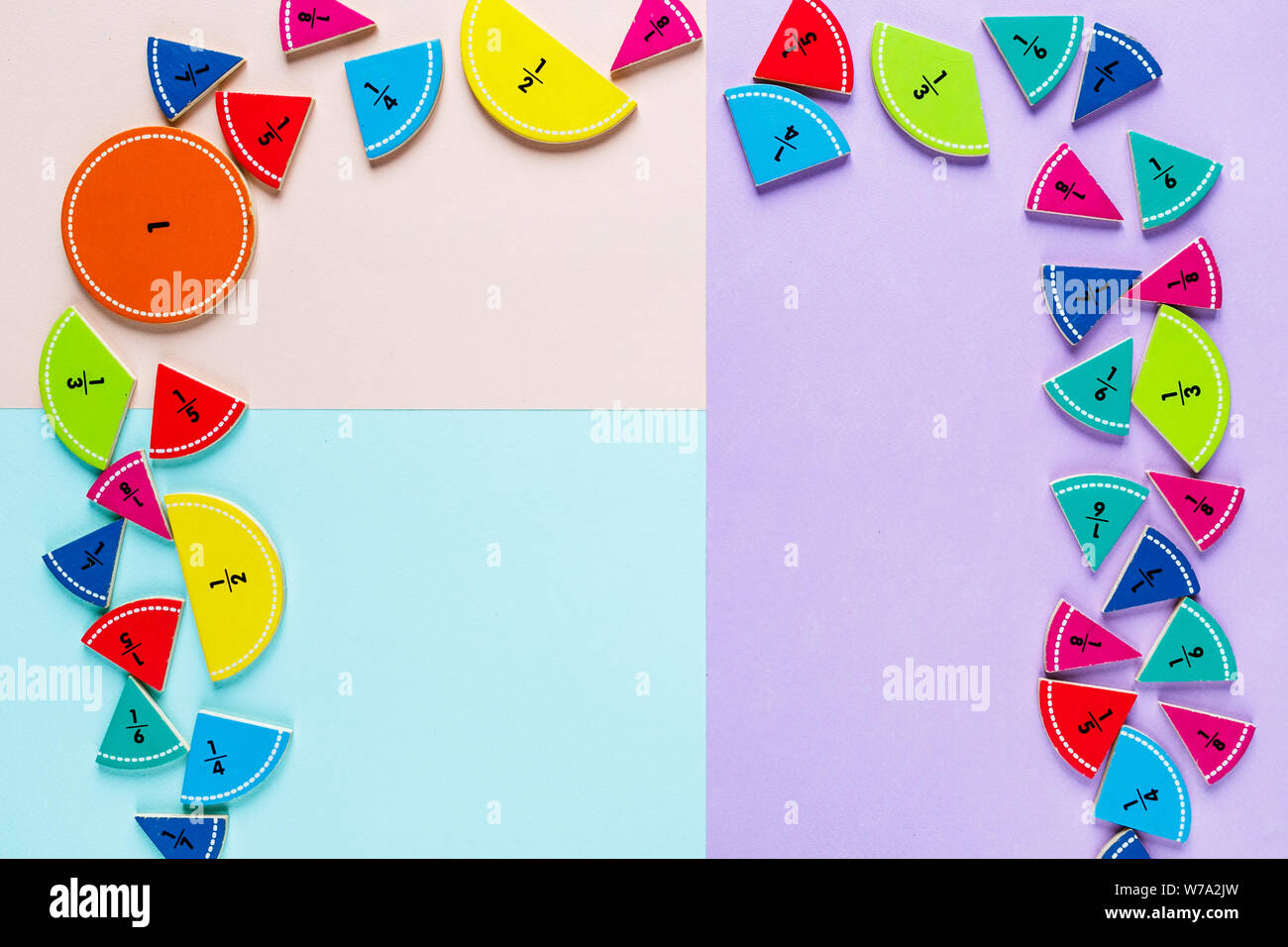 Colorful math fractions and wooden abacus on the pink blue violet ...