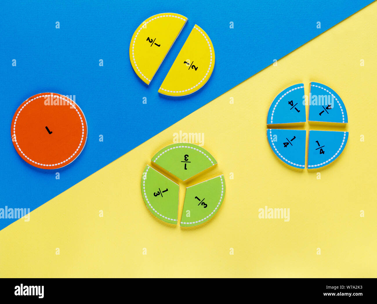 Colorful math fractions on the yellow and blue bright backgrounds ...
