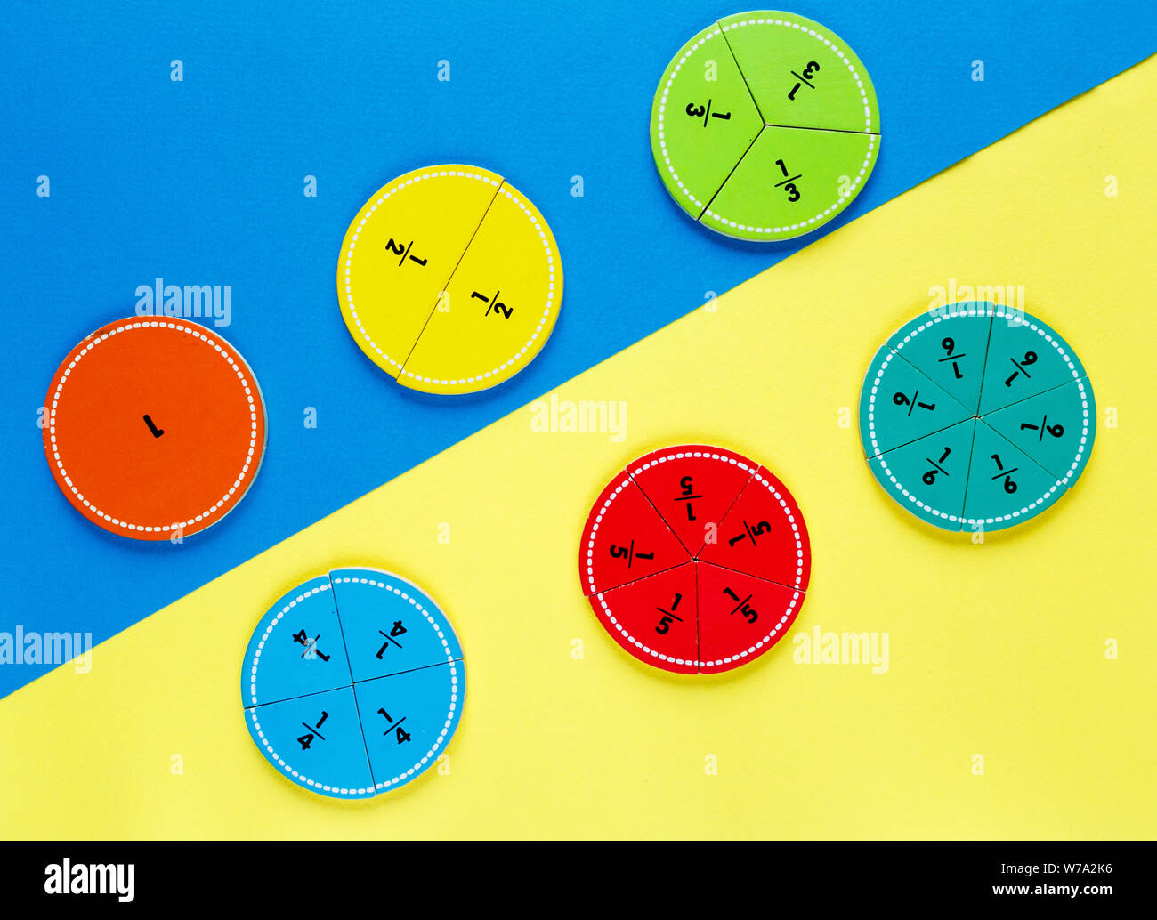 Colorful math fractions on the yellow and blue bright backgrounds ...