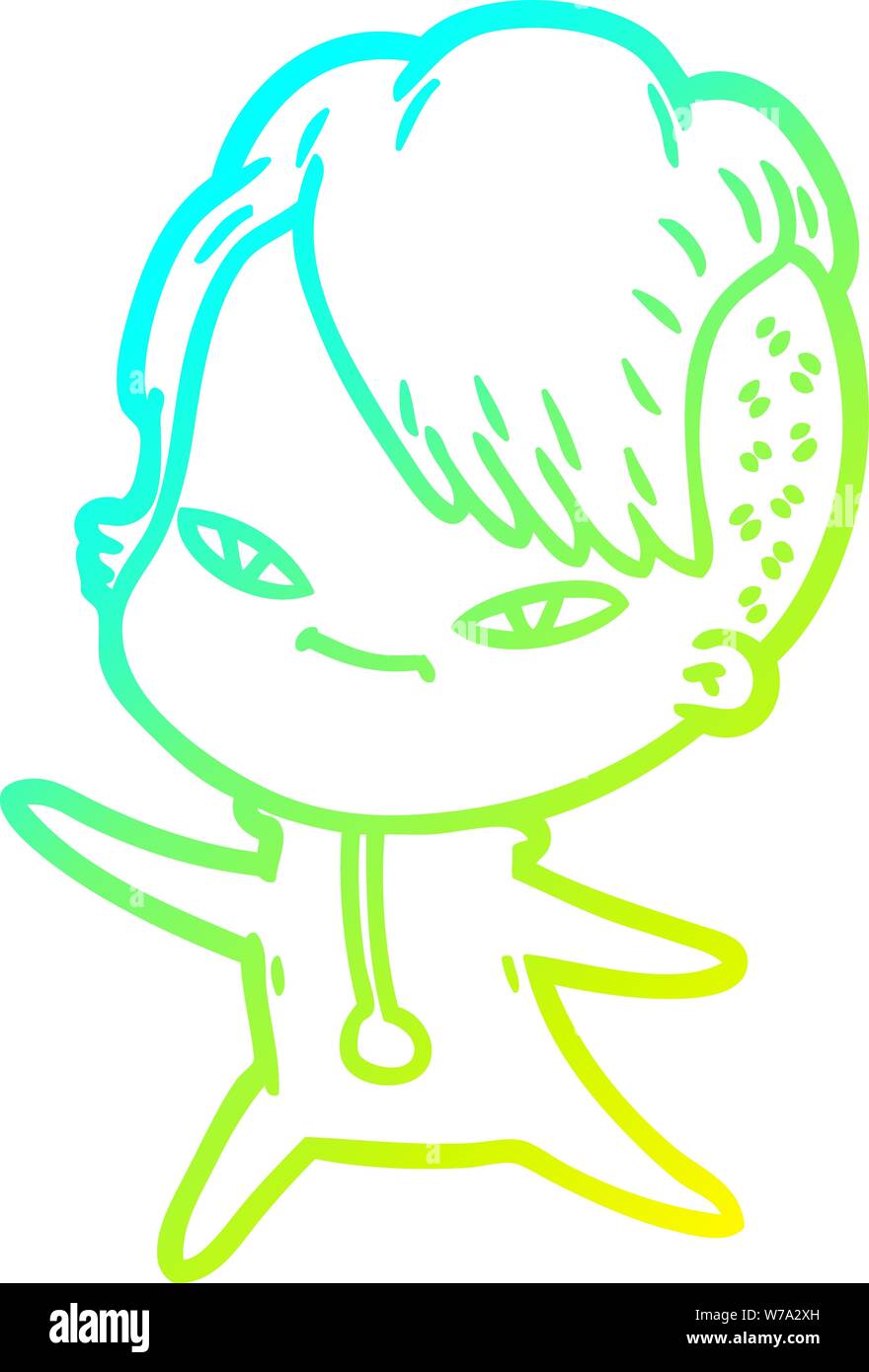 cold gradient line drawing of a cute cartoon girl with hipster haircut ...