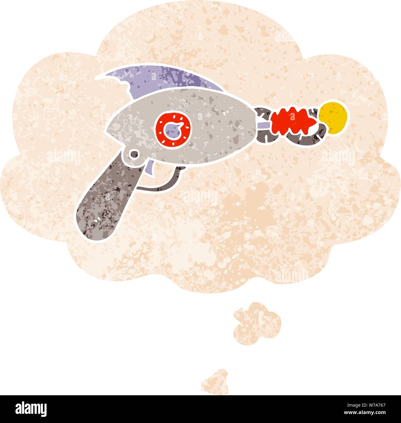 cartoon ray gun with thought bubble in grunge distressed retro textured ...