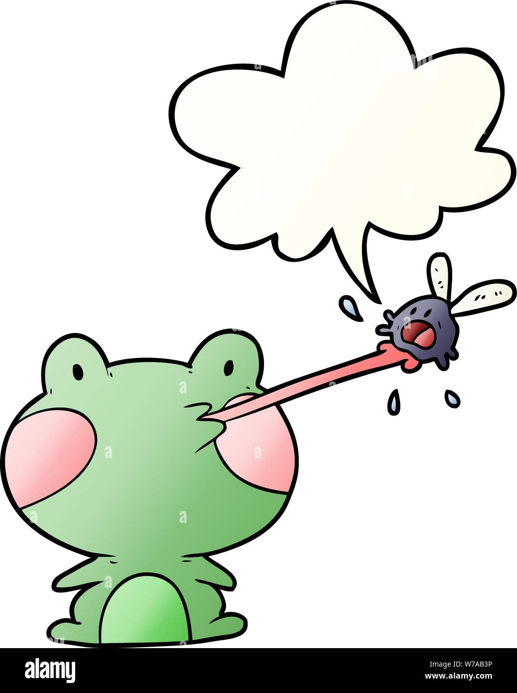 cute cartoon frog catching fly with tongue with speech bubble in smooth ...