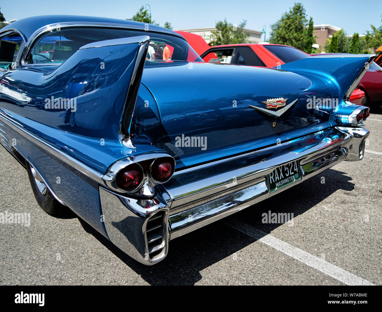 Rear view of a 1958 Cadillac at a classic car show, Gig Harbow ...