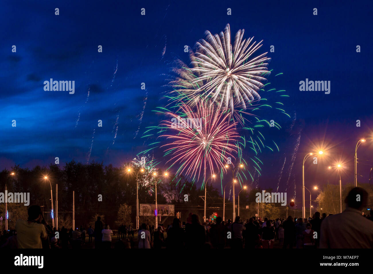 Fireworks in the village or a small town, slow shutter Stock Photo - Alamy