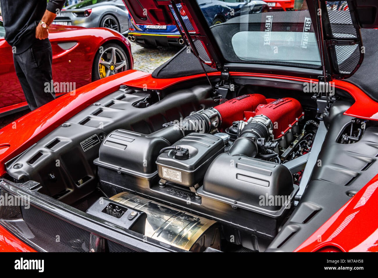 GERMANY, FULDA - JUL 2019: motor of red FERRARI F430 Type F131 cabrio ...