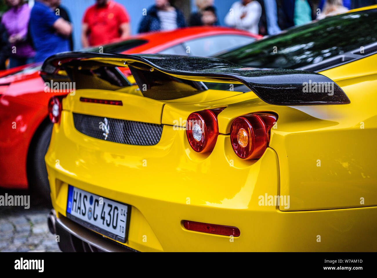 GERMANY, FULDA - JUL 2019: rearview lights of yellow FERRARI F430 Type ...